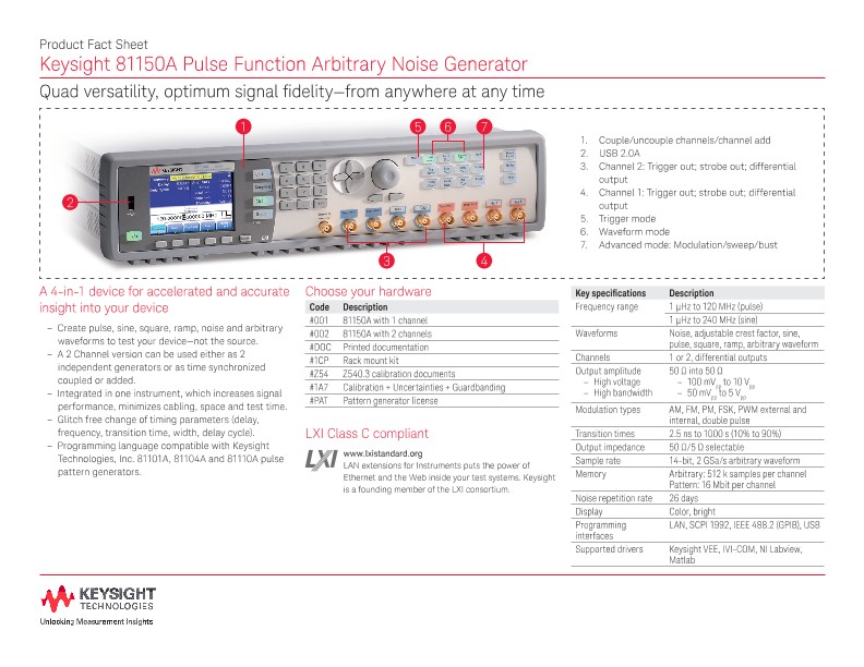 81150A Pulse Function Arbitrary Noise Generator – Product Fact Sheet PDF Asset Page | Keysight